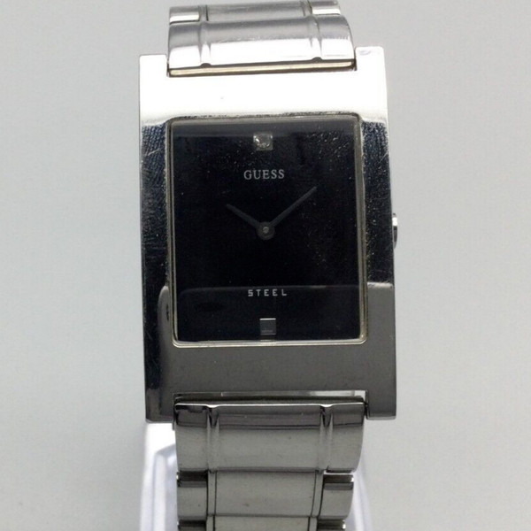Guess Steel Watch Unisex 26mm Silver Tone Tank Black Dial New Battery 7 ...