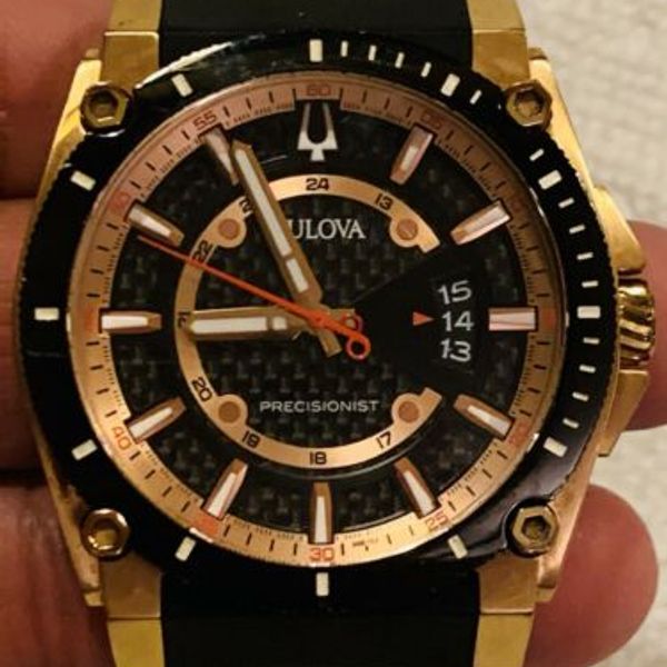 Bulova 98B152 Precisionist Chronograph Rose Gold Case Rubber Band Black ...