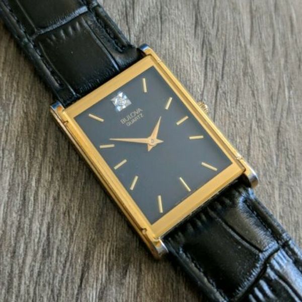 Vintage BULOVA Quartz Diamond Goldtone Tank Watch, W. Germany 92N94 ...