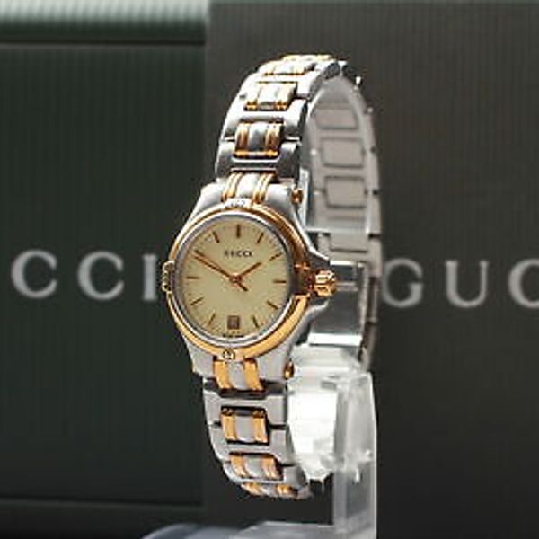 [Near MINT w/Case] Gucci 9040L Cream Dial New Battery Date Quartz Women ...