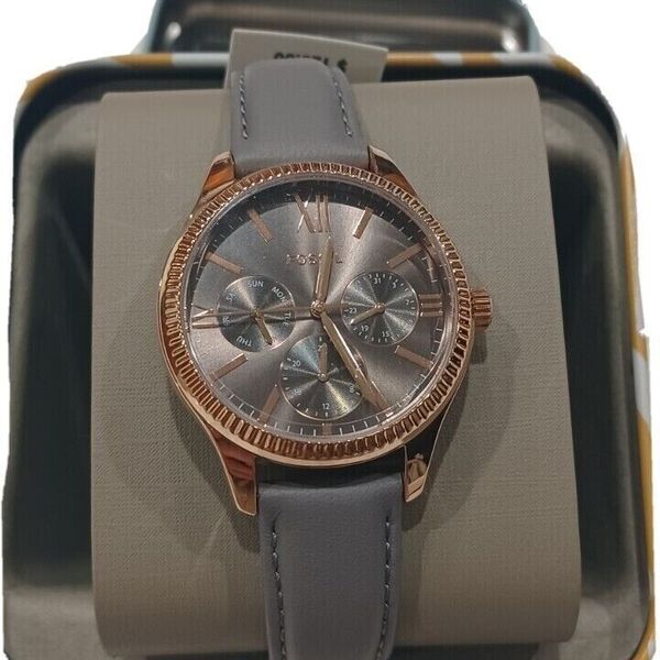 Fossil Rye Multifunction Rose Gold-tone Gray Leather Women's Watch NIB ...
