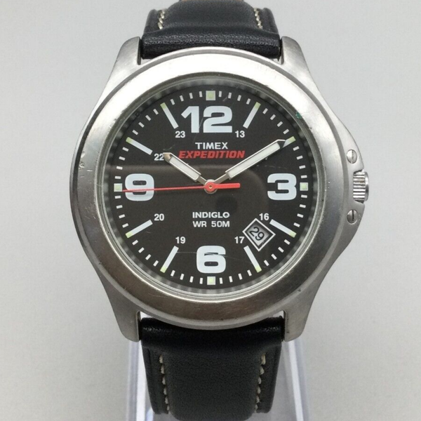 Timex Expedition Watch Men 40mm Silver Tone Date Leather Band New ...