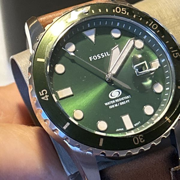 Fossil Men's GREEN Dial Stainless Steel Silver 42mm Brown Leather Watch ...