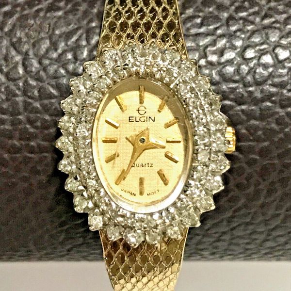 Vintage Elgin Quartz 50 Genuine Diamonds Bezel Gold Plated Ladies Watch ...