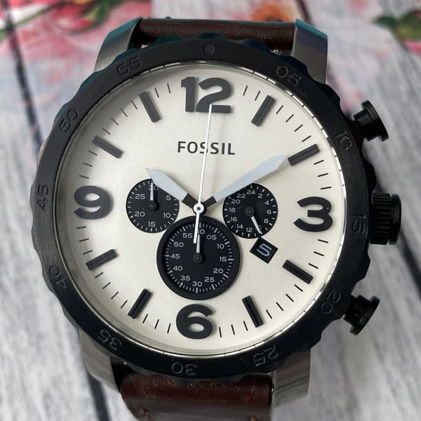 Fossil Watch Mens Designer Chronograph Black White Dial Large 50mm Case ...