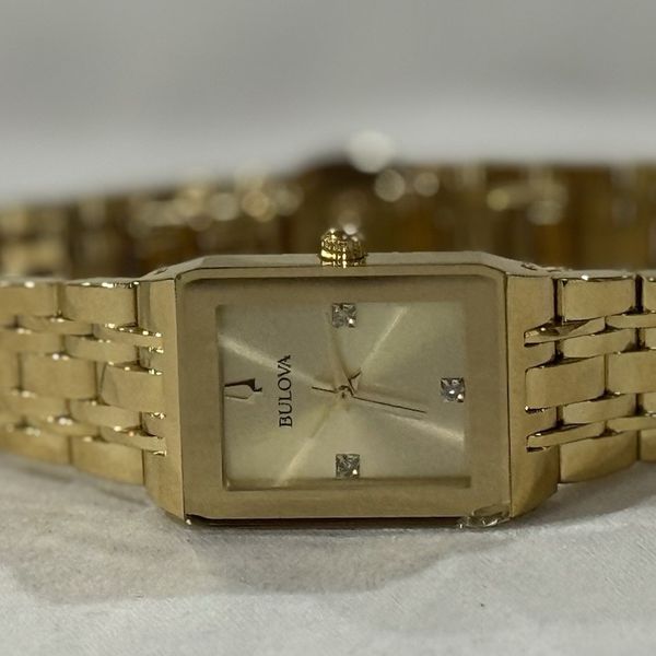 Bulova Futuro Diamond Ladies Gold Tone Quartz 97P140 Rectangular Watch ...