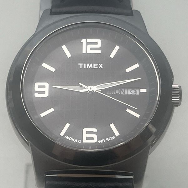 Timex Men's Black Leather Watch. Indiglo, 50meter water resist T2E561 ...