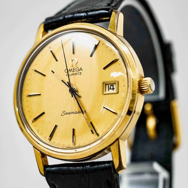 **NEAR MINT** Vintage OMEGA Seamaster Cal.1342 Quartz Gold Dial Date ...
