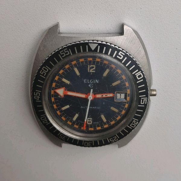 Elgin Blue Dial Cushion Case Diver Watch Rare 1970's-80's 42mm Time ...