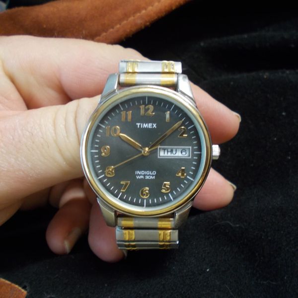 New without box Timex men's day date dress watch gray dial rose gold ...