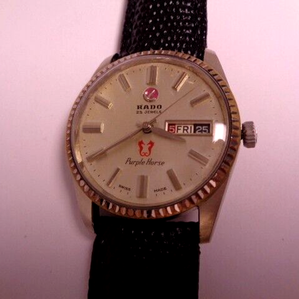 Rado Purple Horse Mens Watch Day & Date Silver Dial Half Moon Leather ...