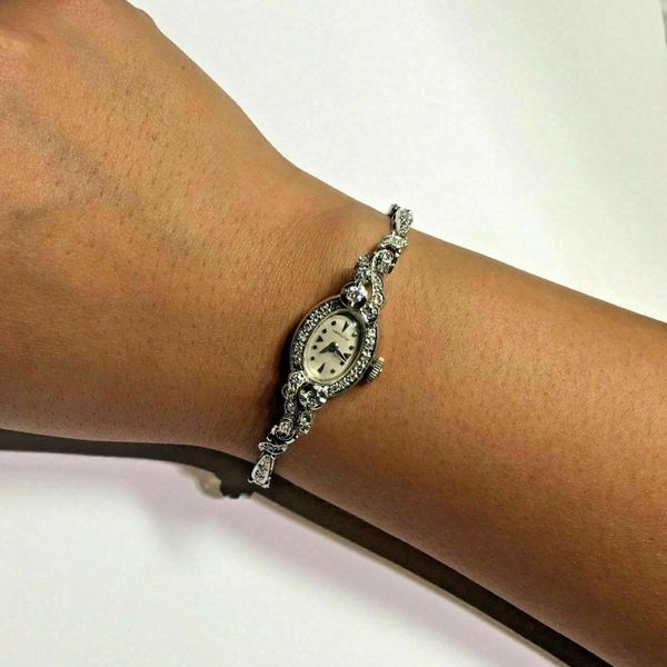Vintage 14k WG and Diamond Wind Up Hamilton Bracelet Watch with Safety ...