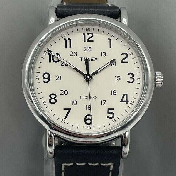 40mm Timex Weekender Men's Watch Black Leather Strap white/cream dial ...