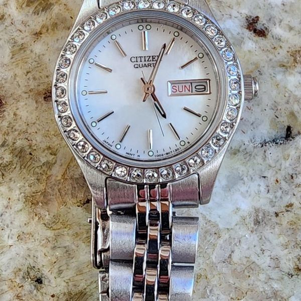 Citizen Ladies Gem Set Bezel Watch, Pearl Dial New Battery, Excellent ...