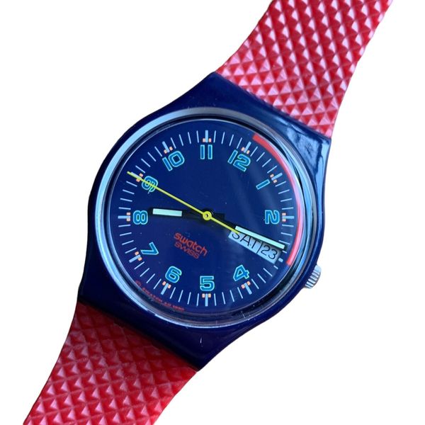 Vintage NOS Swatch Blue Dial Arabic Numeral Day Date Wristwatch ...