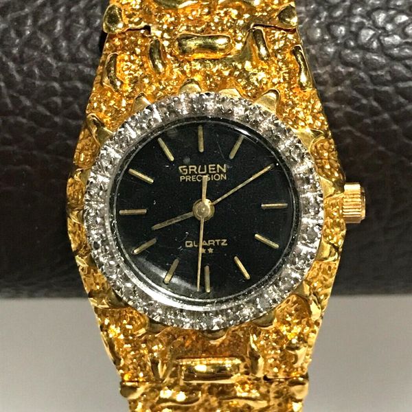 Vintage Gruen Quartz Genuine Diamonds Gold Plated Nugget Style Ladies ...