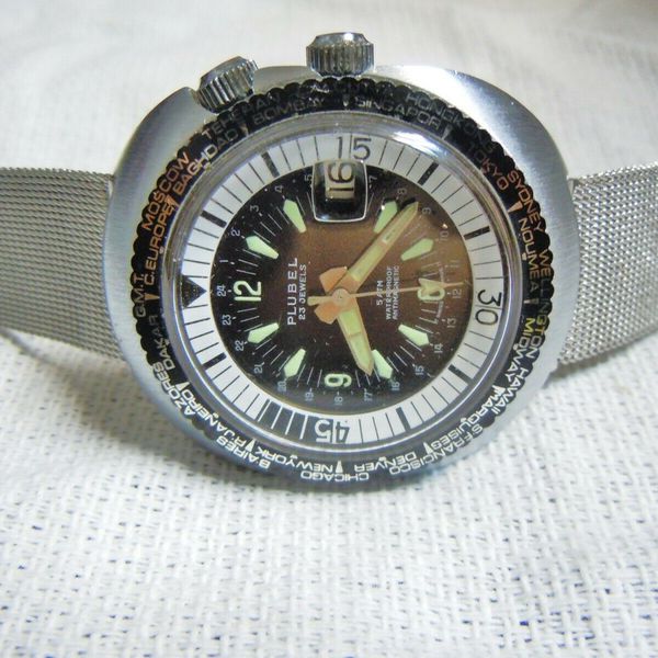 VINTAGE SWISS MADE DIVER PLUBEL COMPRESSOR STYLE WORLD TIME 23 JEWELS ...