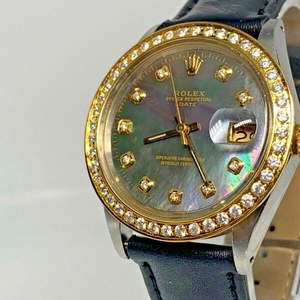 Rolex Oyster Perpetual Date Men’s Black Mother Of Pearl Diamond Dial ...
