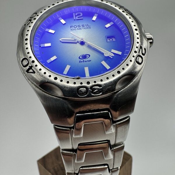 FOSSIL Blue AM-3520 Silver Tone Quartz Analog Mens Watch W/ Original ...