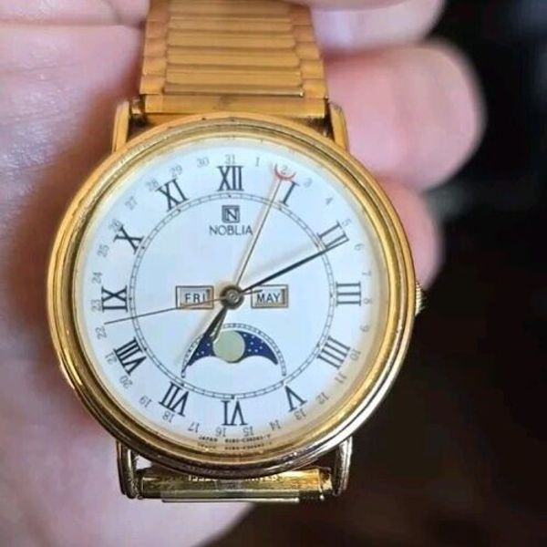 VINTAGE NOBLIA CITIZEN TRIPLE DATE MOON PHASE QUARTZ MEN'S GOLDEN DRESS ...