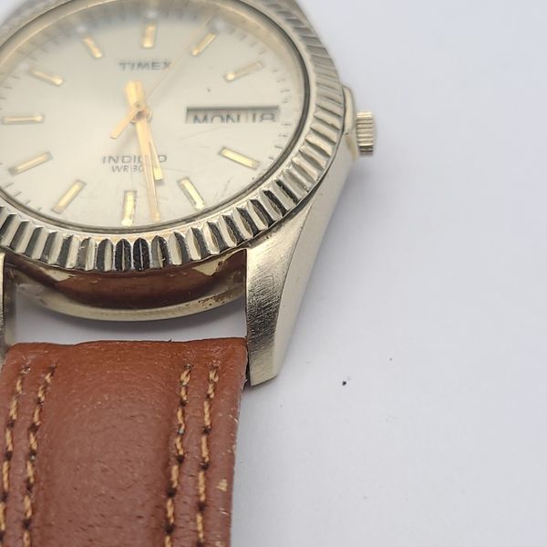 Men's Timex Indiglo Watch Day/Date Cream Dial Brown Band New Battery ...