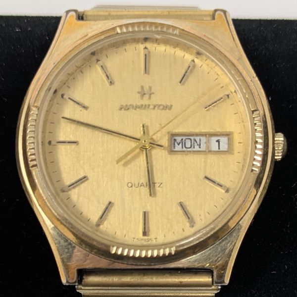 Vtg Hamilton Watch Gold Case Dial Day Date Calendar Swiss Quartz Works ...