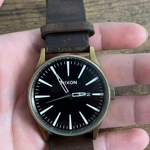 Nixon Sentry 42mm Stainless Steel Gold & Black Leather Quartz Watch FOR ...