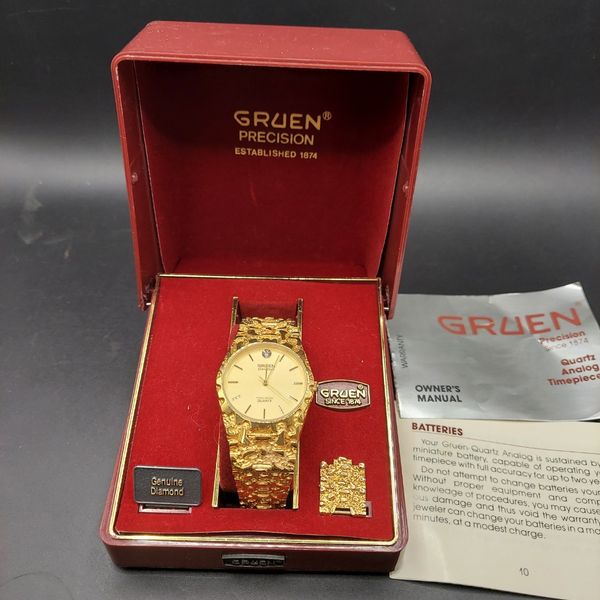 Gruen Diamond Watch Precision Menâ s Quartz Watch Gold Tone Nugget Band ...
