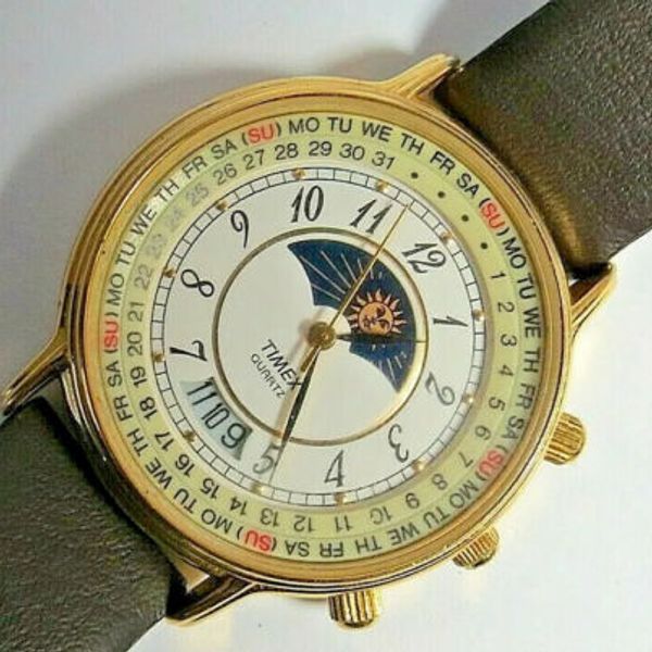 VINTAGE 1990 MENS TIMEX MOON PHASE SUN CALENDAR WATCH RUNS | WatchCharts