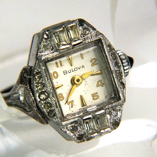 Vintage Ladies 17J BULOVA RING Watch-Mixed Metal w/Faux Diamonds ...