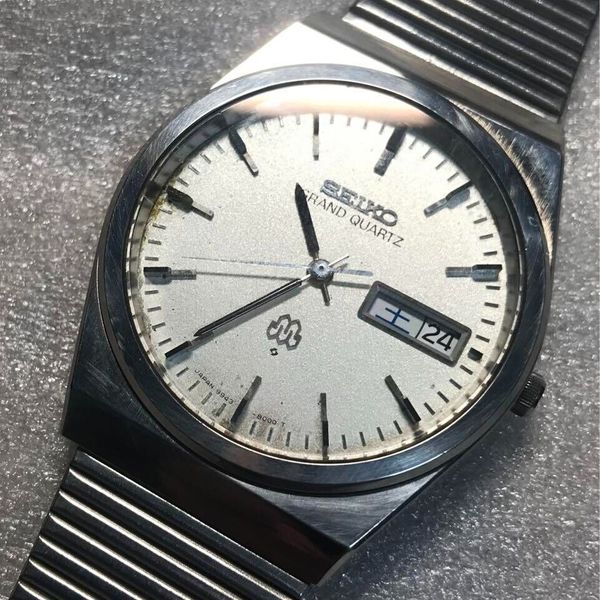 SEIKO GRAND QUARTZ 5855-8000 GQ Mens Watch 35mm Silver White Working ...