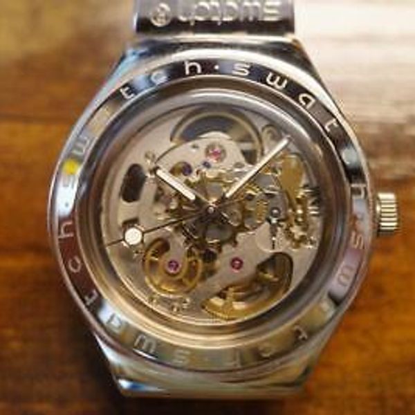 Swatch Irony Automatic 21 Jewels Skeleton Silver Watch Vintage Swiss ...
