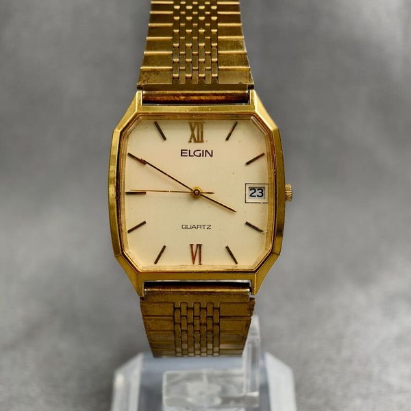 Vintage Elgin Mens Gold Tone Tank Dress Quartz Watch,Works ...