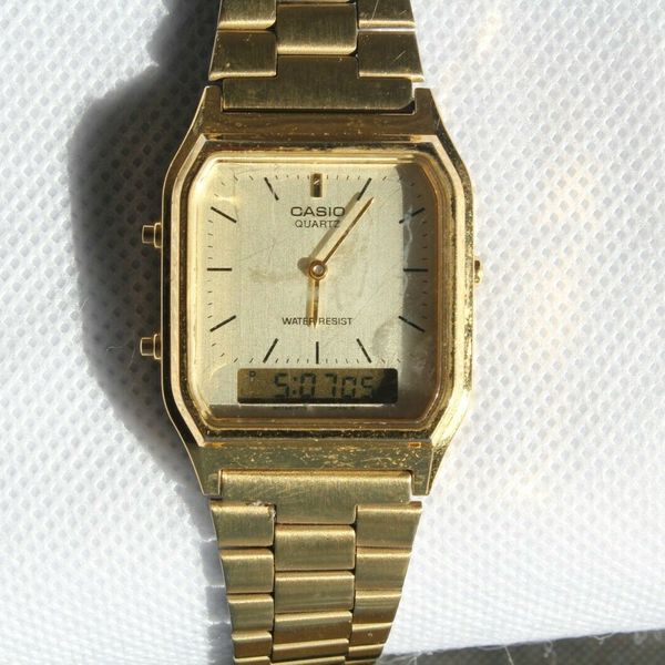 Men's CASIO QUARTZ WR 5154 AQ-230 DH Japan Movt Gold Tone Analog ...