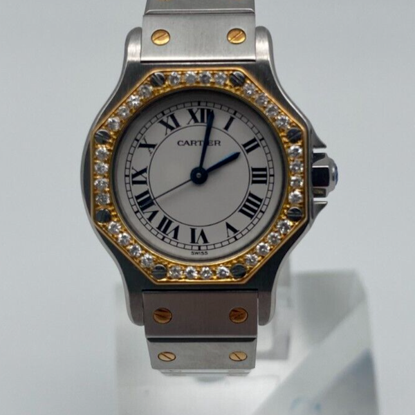 Cartier Santos Octagon 25mm Custom Diamond Bezel White Dial Two Tone ...