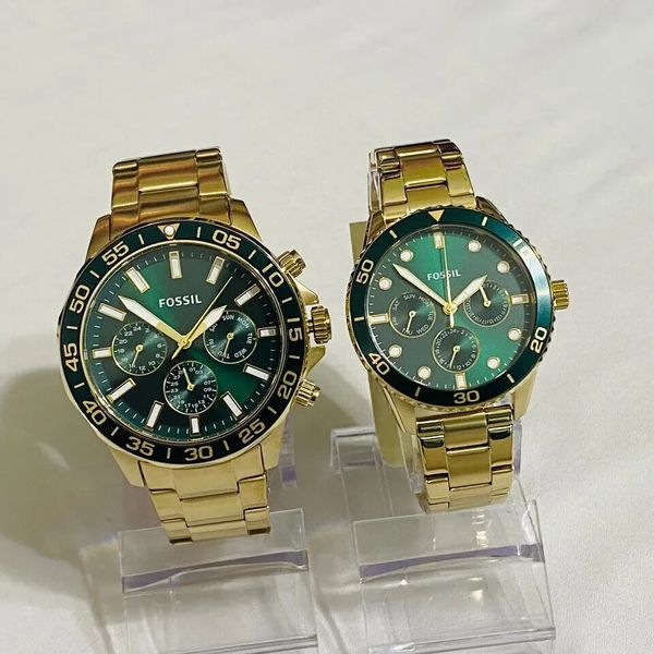 Fossil BQ2754SET Golden Green Chronograph Stainless Steel 5ATM Couples ...