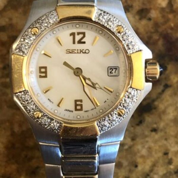 SEIKO 7N82 0BF0 LADIES TWO TONE MOP CRYSTAL ACCENT DRESS WATCH/New ...