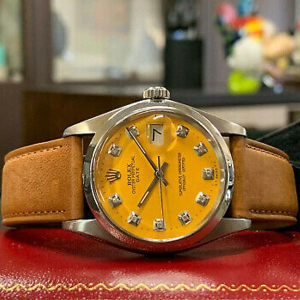 Mens Vintage ROLEX Oyster Perpetual Date 34mm YELLOW Dial Diamond ...