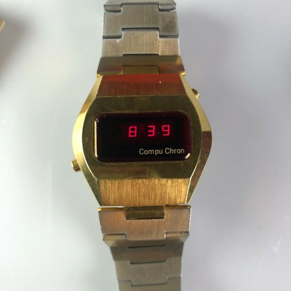 Compu Chron Watch, 1970's Red LED Quartz Gold Tone Men's Wristwatch ...