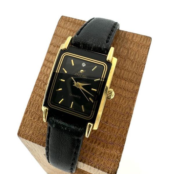 ENICAR Quartz Watch A2650 Black Leather Gold Case Swiss Vintage ...