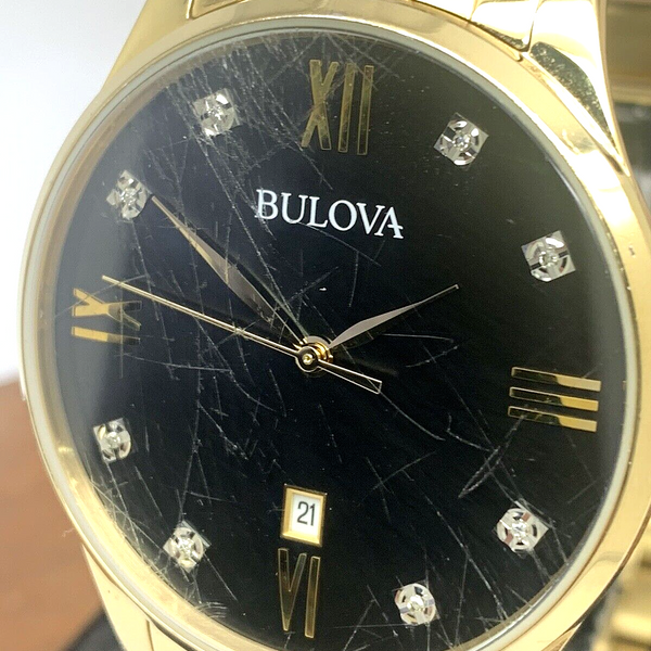 Bulova Men's Watch 97D108 Quartz Diamond Black Dial Gold Stainless ...