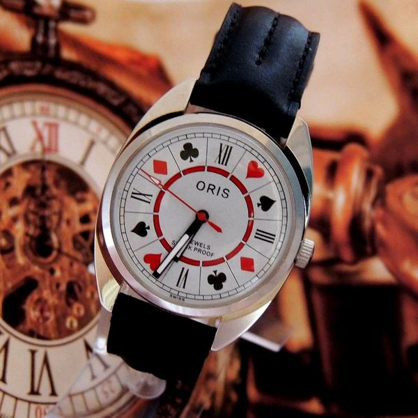 VINTAGE ORIS Hand Winding Poker Gamblers Watch Leather Strap Pearl Dial ...