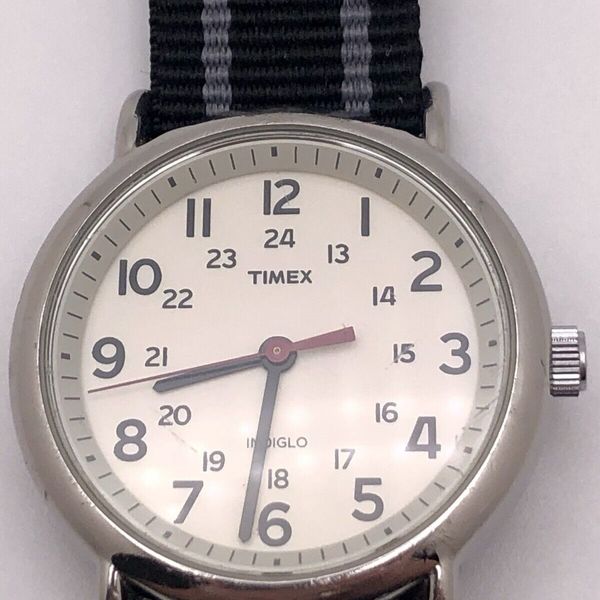 Timex Weekender Indiglo White Dial Nato Black & Gray Strap (New Battery ...