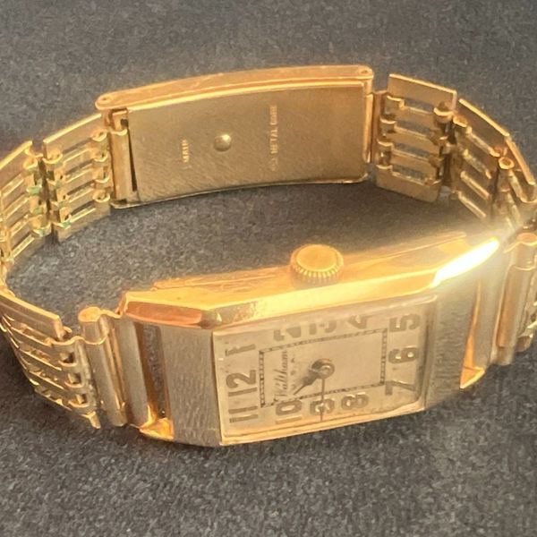 Rare Art Deco Waltham Tank Watch In 9 ct Gold And Rolled Gold Strap c ...