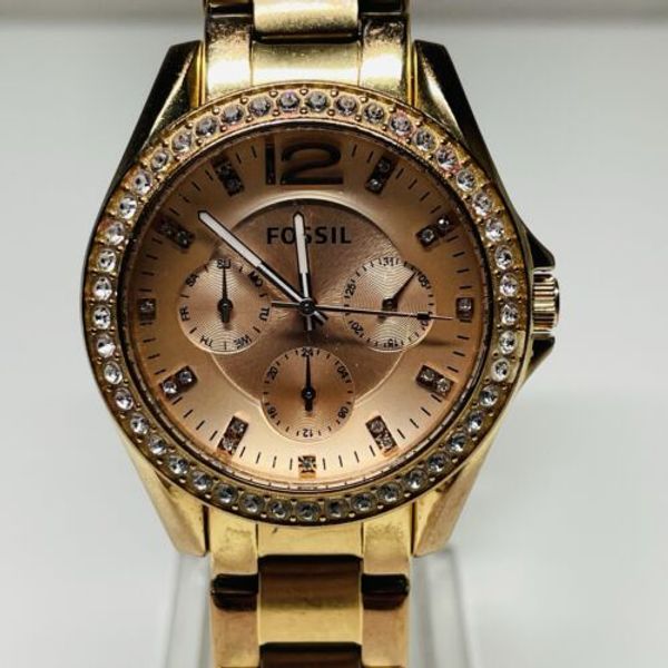 Fossil Riley Watch Women 38mm Rose Gold Tone Pave Bezel ES2811 New ...