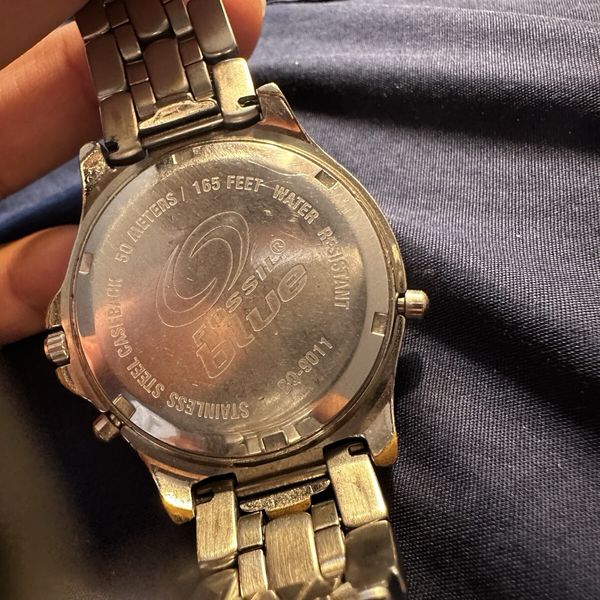 Fossil Blue Men BQ-9011 Stainless Steel Day Date Moon Phase Quartz ...