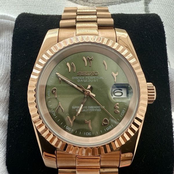 Seiko Mod Arabic Olive Green Dial And Rose Gold | WatchCharts Marketplace