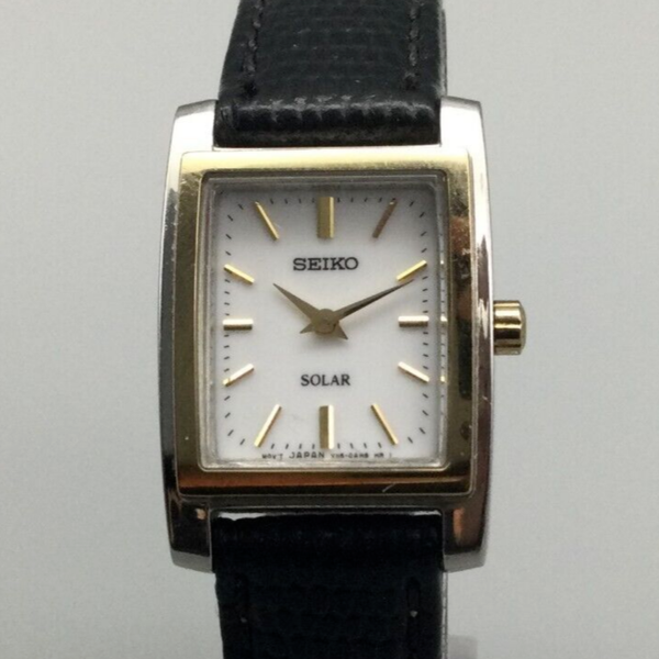 Seiko Solar Tank Watch Women 21mm Silver Gold Two Tone Black Leather ...