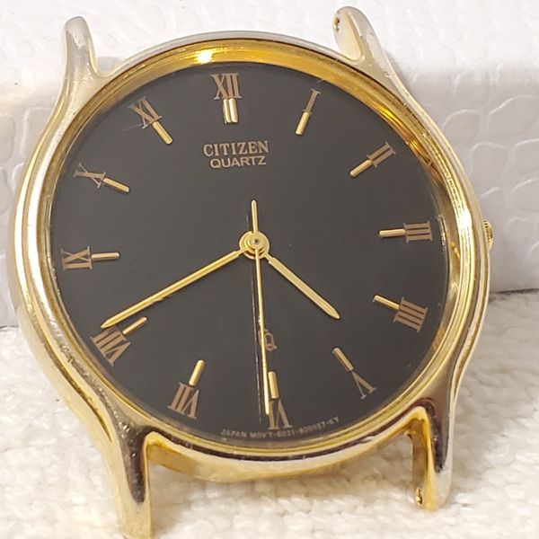Vintage Citizen CQ Men's Gold Plated Watch Black Dial Roman Numerals ...