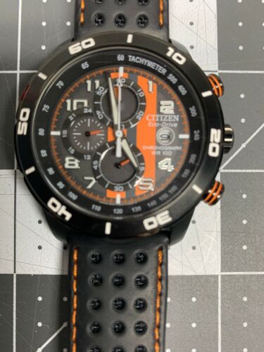 Citizen Eco-Drive Primo Chronograph Mens Black Orange Leather Watch ...